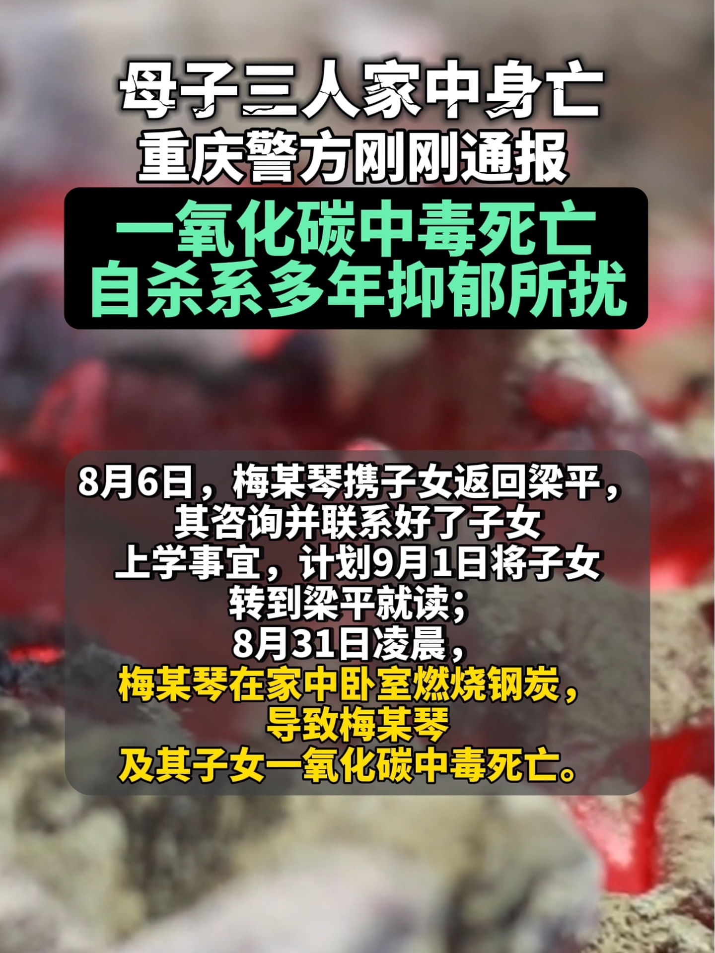 一氧化碳中毒死亡,自杀系多年抑郁所扰