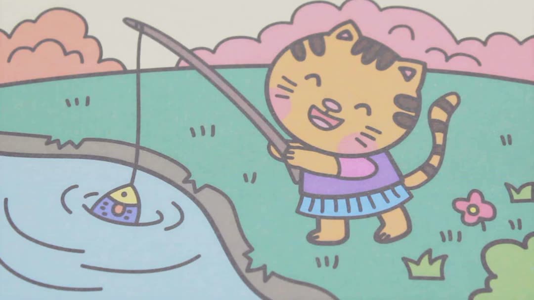 2-6岁幼儿园宝宝简笔画涂色 小猫钓鱼 早教故事