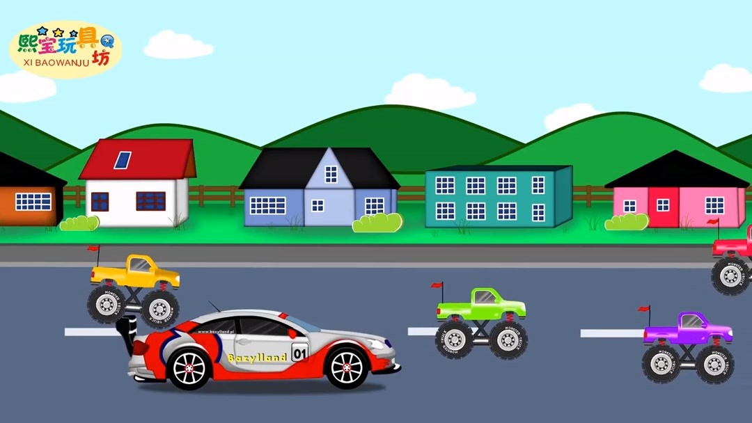 少儿卡通动画 几辆怪物车不遵守交通规则 红色的赛车