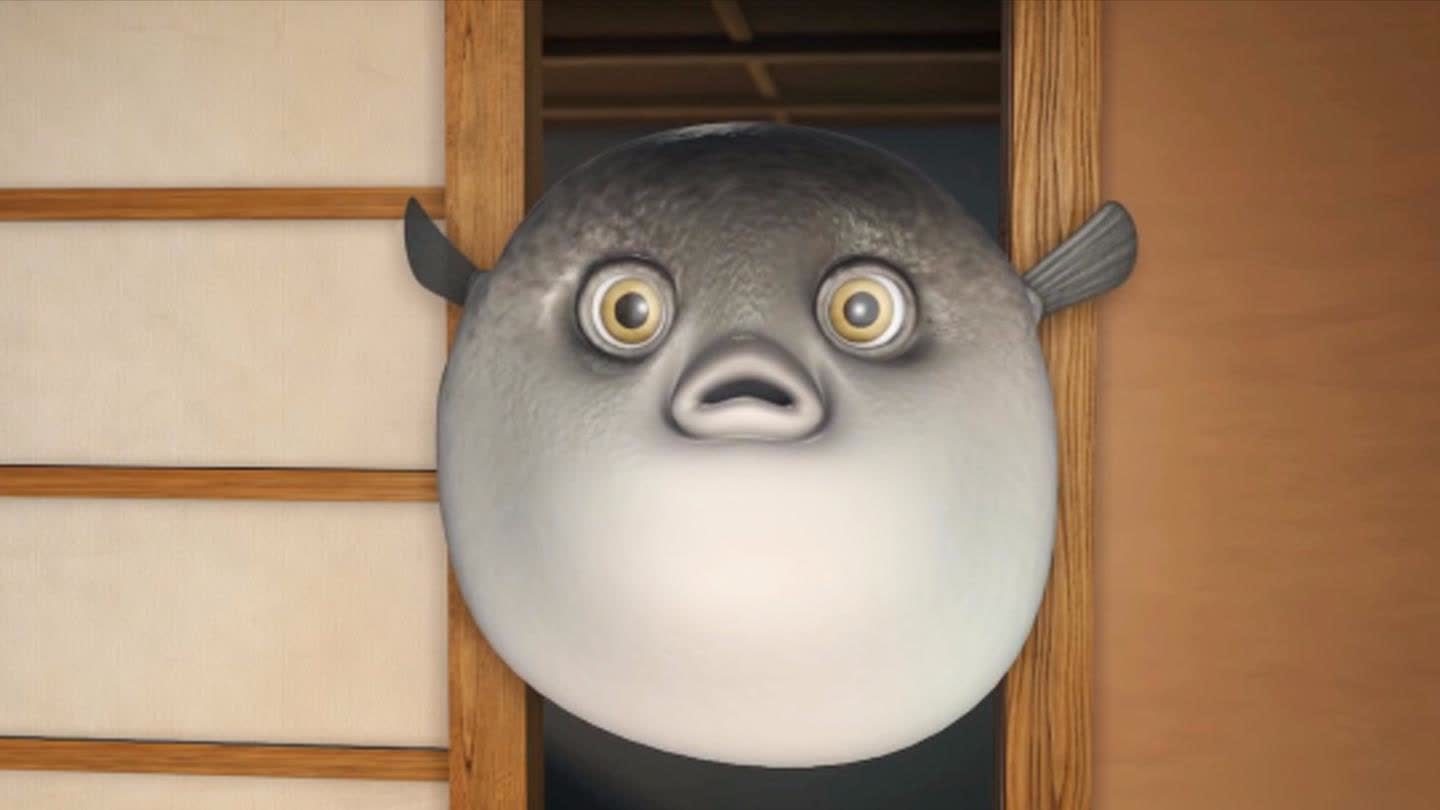 动画:小河豚为了活命,像气球一样往上飘,结果还是被煮的命运