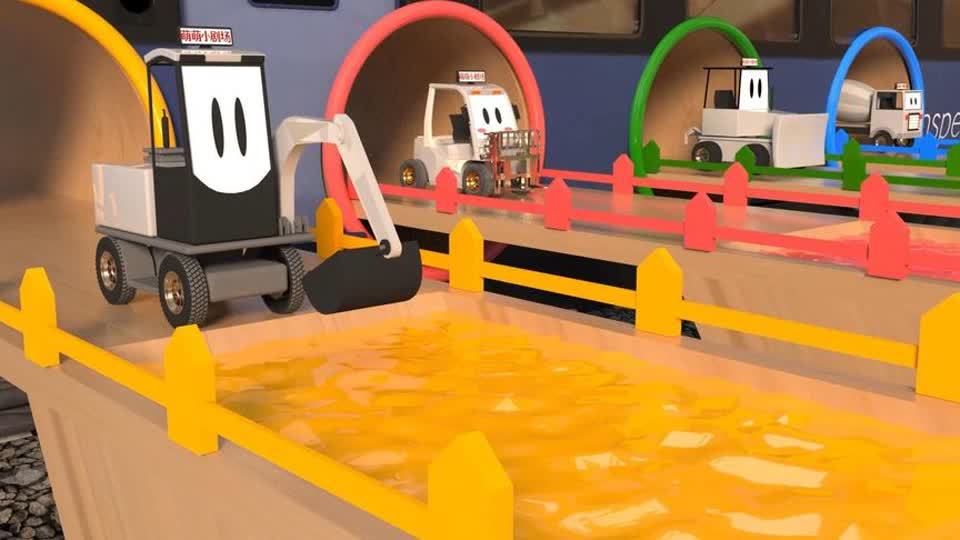 挖掘机和工程车穿过火车彩虹水道,认识颜色,儿童工程车动画片