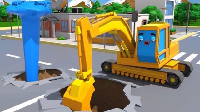 挖掘机和工程车挖出了喷泉,儿童早教工程车趣味动画