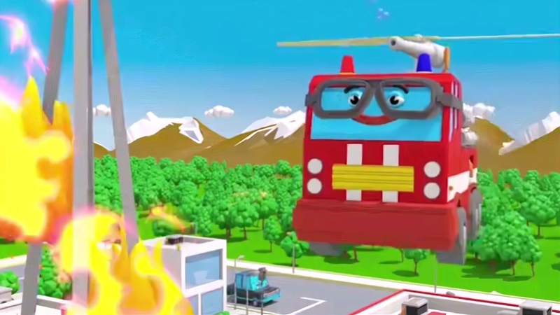 汽车动画:消防车使用木板做的螺旋桨飞向空中来灭起了火灾。