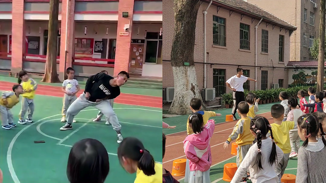 湖南一“猛男老师”带学生跳动物操,小朋友:老师是超人