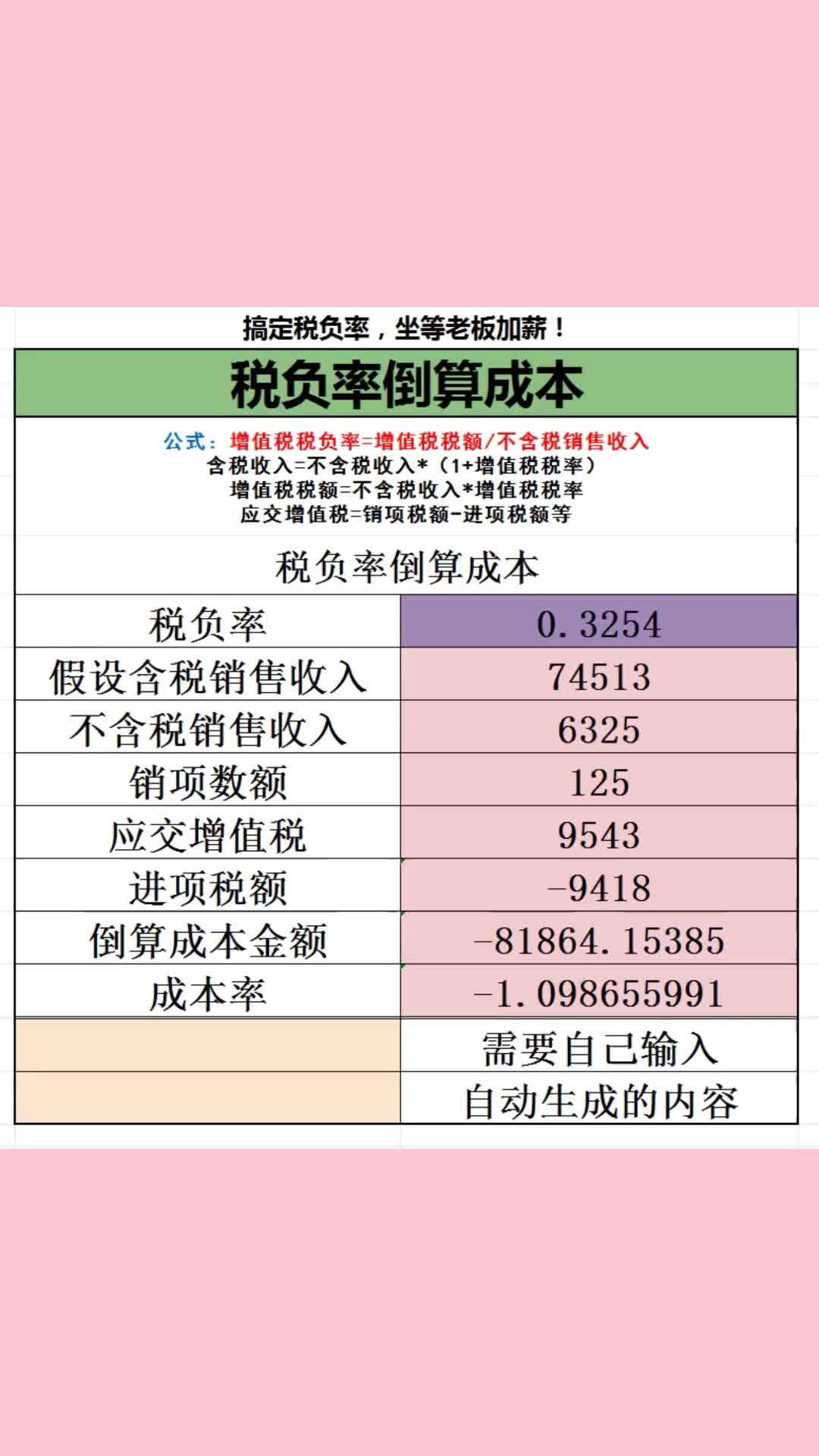 税负率倒算成本计算表来了