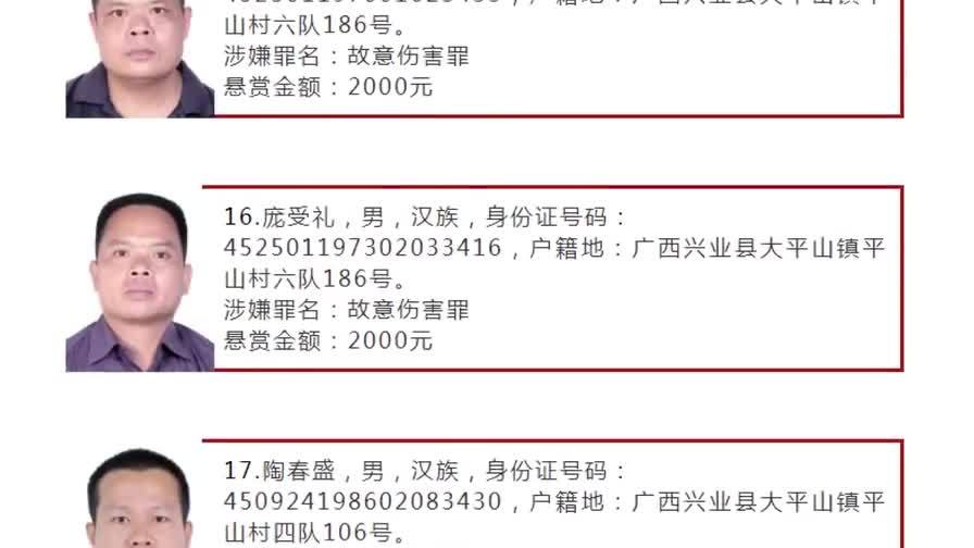 广西25名逃犯照片曝光!警方重金公开悬赏缉捕在逃人员