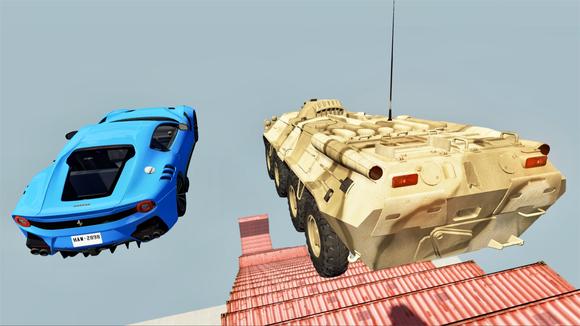 步兵战车,法拉利F12和货车加速飞跃超大集装箱楼梯,车祸模拟器