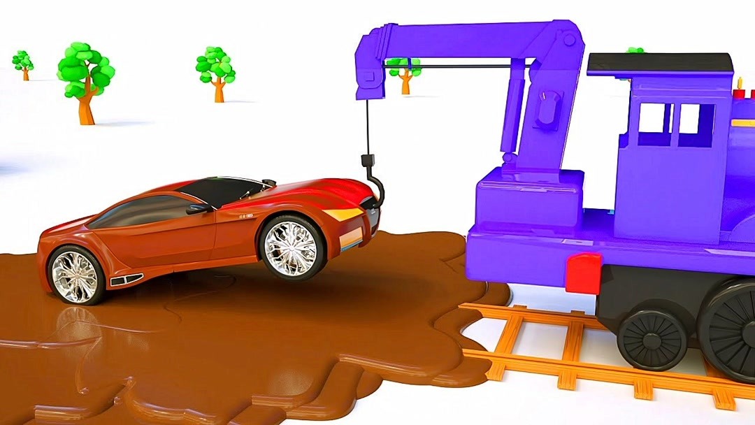   儿童工程车动画,彩色火车和吊车修理小汽车!