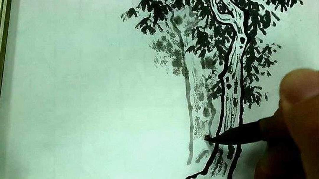 黄德荣老师演示:水墨画中前后两棵树的画法