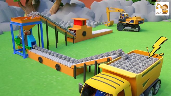 工程车益智动画片,挖掘机、翻斗卡车、装载机和铺路机帮忙铺路