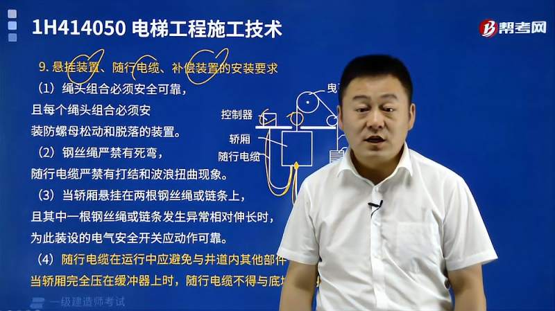 帮考网一建考试朱培浩老师讲悬挂装置、随行电缆有哪些安装要求?