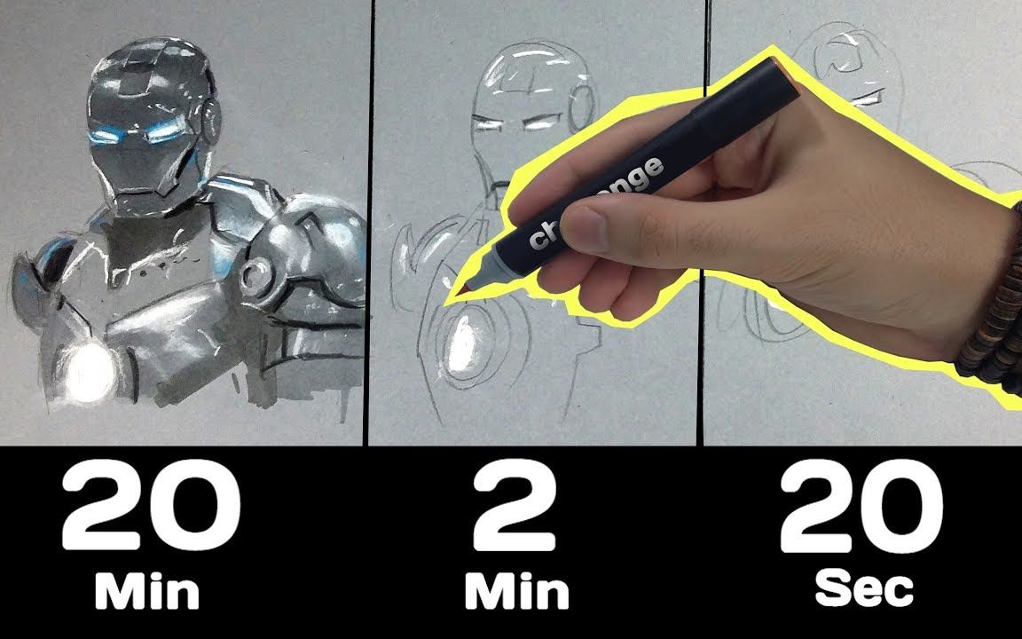 手绘速度挑战:20秒,2分钟和20分钟画钢铁侠【你想不到的创意绘画】