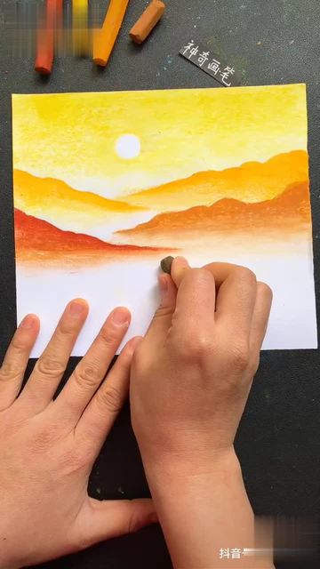 油画棒画日落风景,步骤简单易学。油画棒风景画 日落
