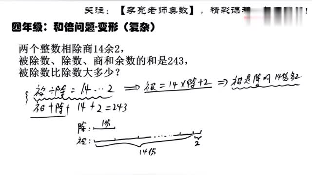 4年级:两数相除商14余2, 被除数、除数、商、余和是243,求除数