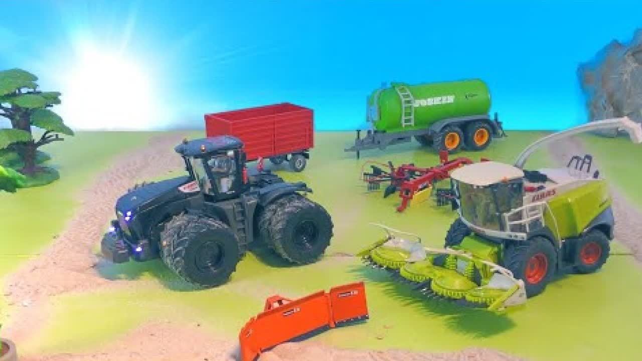 工程车动画:农用割麦机,拖拉机和翻斗车