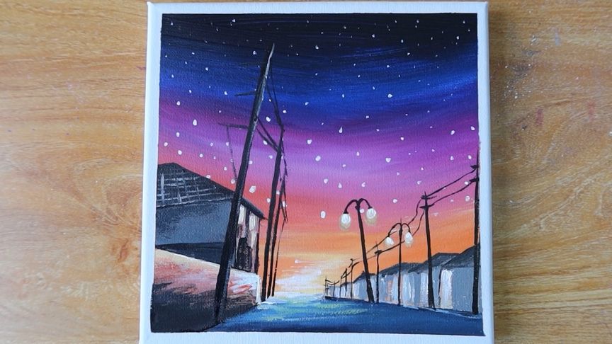 简单天空绘图/唯美星空风景画/初学者学习绘画入门教程/丙烯颜料