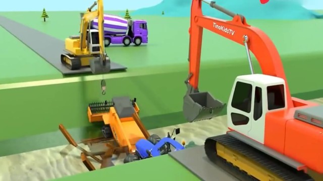 趣味动画工程车挖掘机搅拌车翻斗车合作建造桥梁