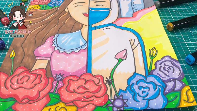 小学生创意主题绘画 儿童画 致敬最美逆行者!抗击疫情在行动!