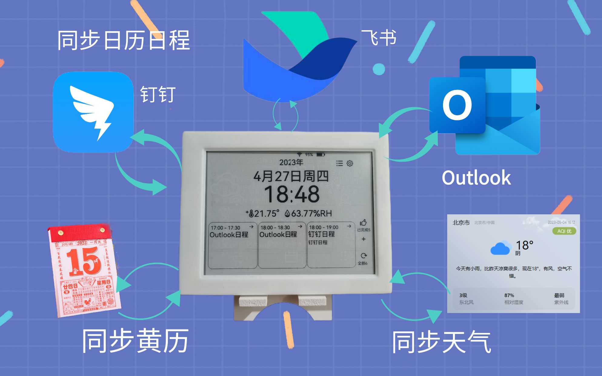 同步钉钉、飞书、Outlook日程的墨水屏日历设备