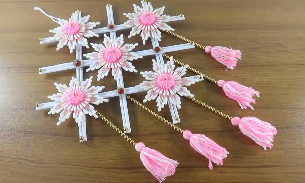 创意手工,教你用棉签棒、毛线和串珠制作漂亮的壁挂装饰