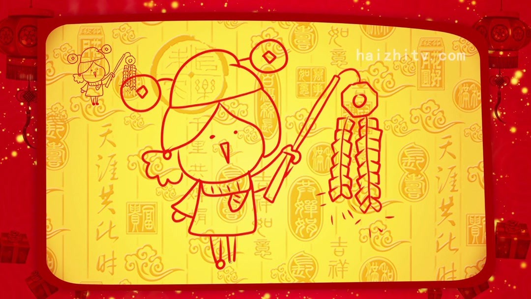 春节简笔画教程,如何画小女孩放鞭炮,海知节日简笔画大全