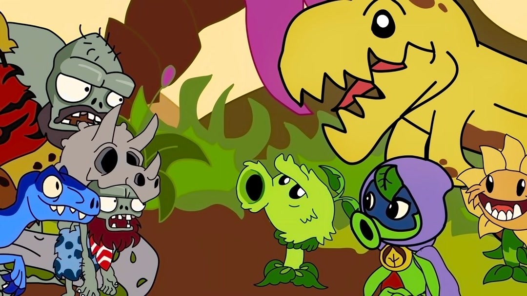 植物大战僵尸动画片:植物和僵尸们一起回到远古时到还碰到了恐龙