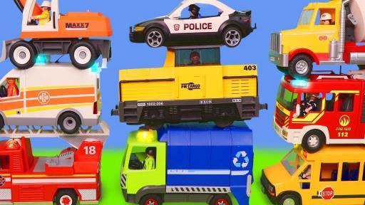 儿童卡通动画:救护车,拖拉机,公共汽车,挖掘机,消防车,警车