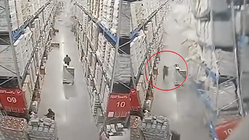 场面吓人!8米高巨型货架并排倒塌,工人惊慌逃命瞬间被“吞噬”