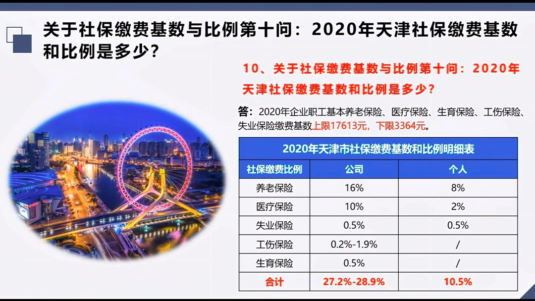 2020年天津社保缴费基数和比例是多少?