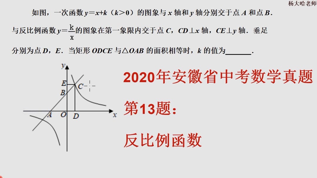 2020安徽中考:反比例函数中,矩形ODCE与△OAB面积相等,求K值