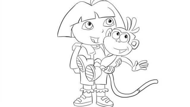 绘画动画《爱探险的朵拉》中的小女孩朵拉与可爱的小猴子简笔画程