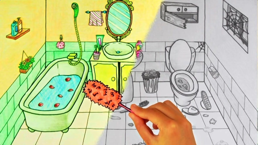 定格动画帮助小女孩清洁卫生间