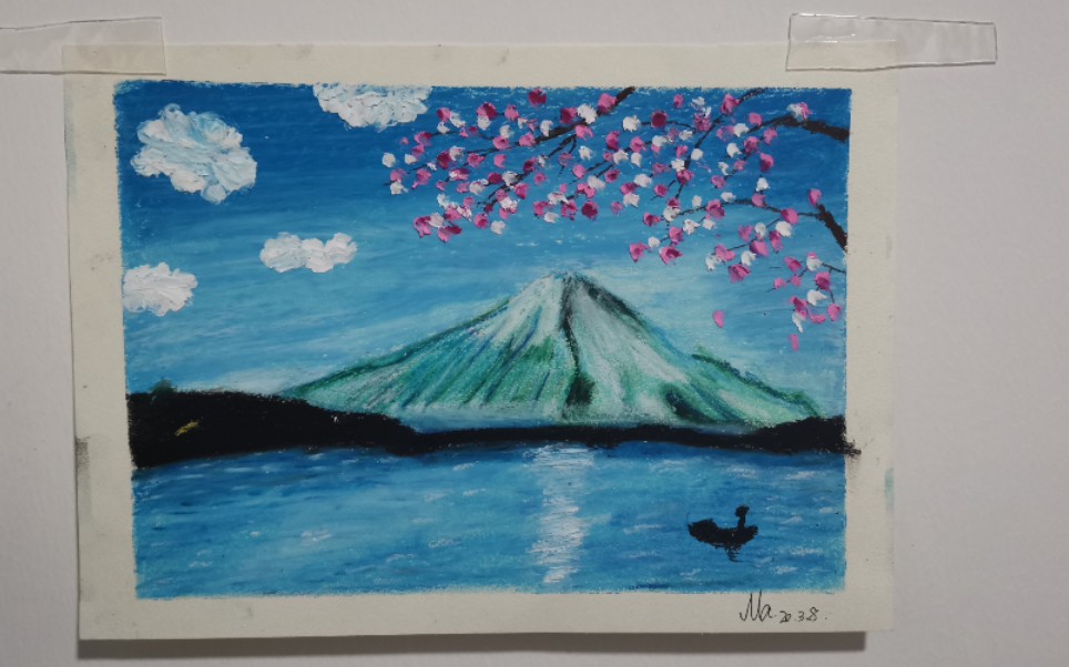 【油画棒】樱花与雪山。绘画小白第一次用刮刀画立体花,算不上教程,...