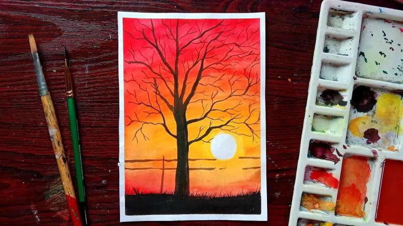 简单好学的水彩绘画视频,一步步绘制日落风景