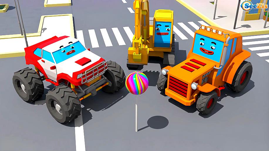 拖拉机和挖掘机找到了大棒棒糖儿童搞笑动画片