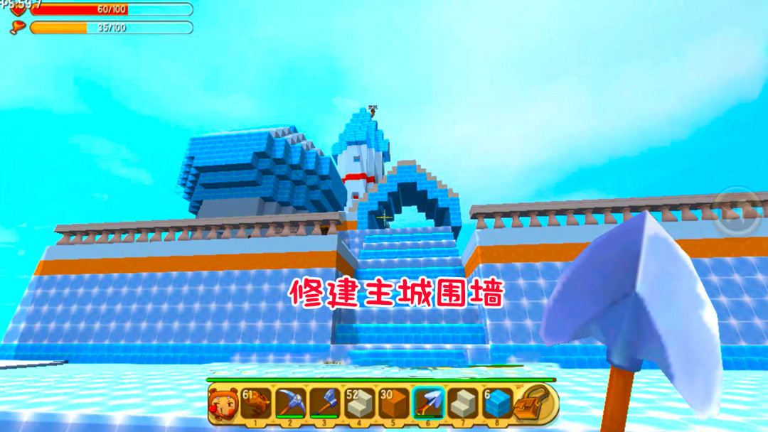 迷你世界:用冰砖和岩石砖修建城堡门庭,菜花却把主城塔修建出来
