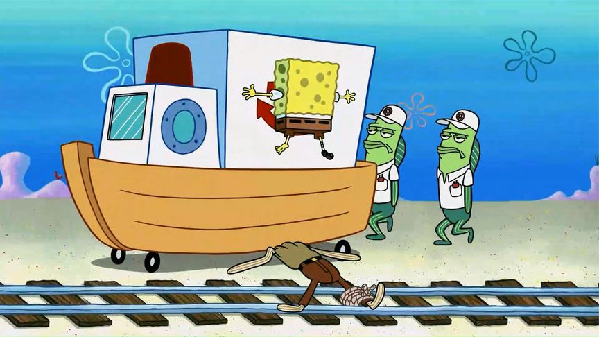 海绵宝宝叫来救护车,患者的腿被绑在道轨上,竟把海绵宝宝拉走了