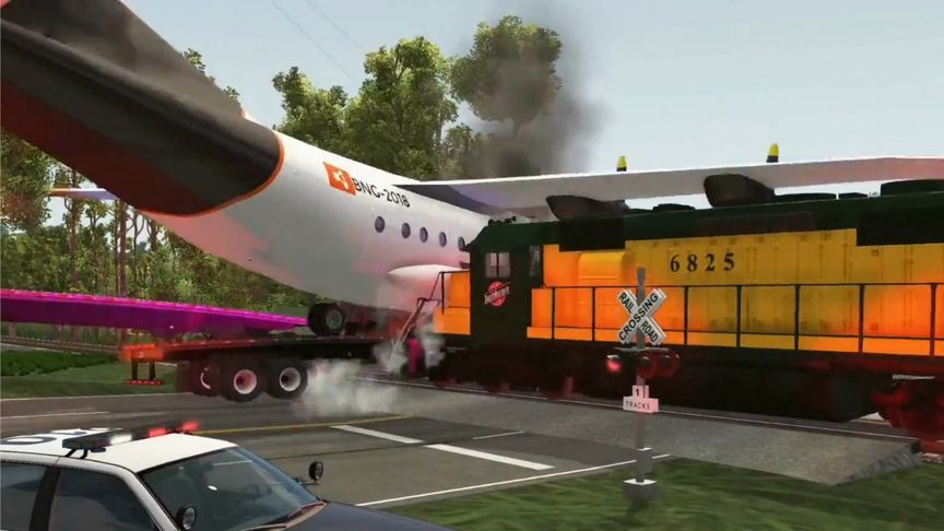 汽车动画:火车高速撞上飞机会发生什么事情?画面震撼!