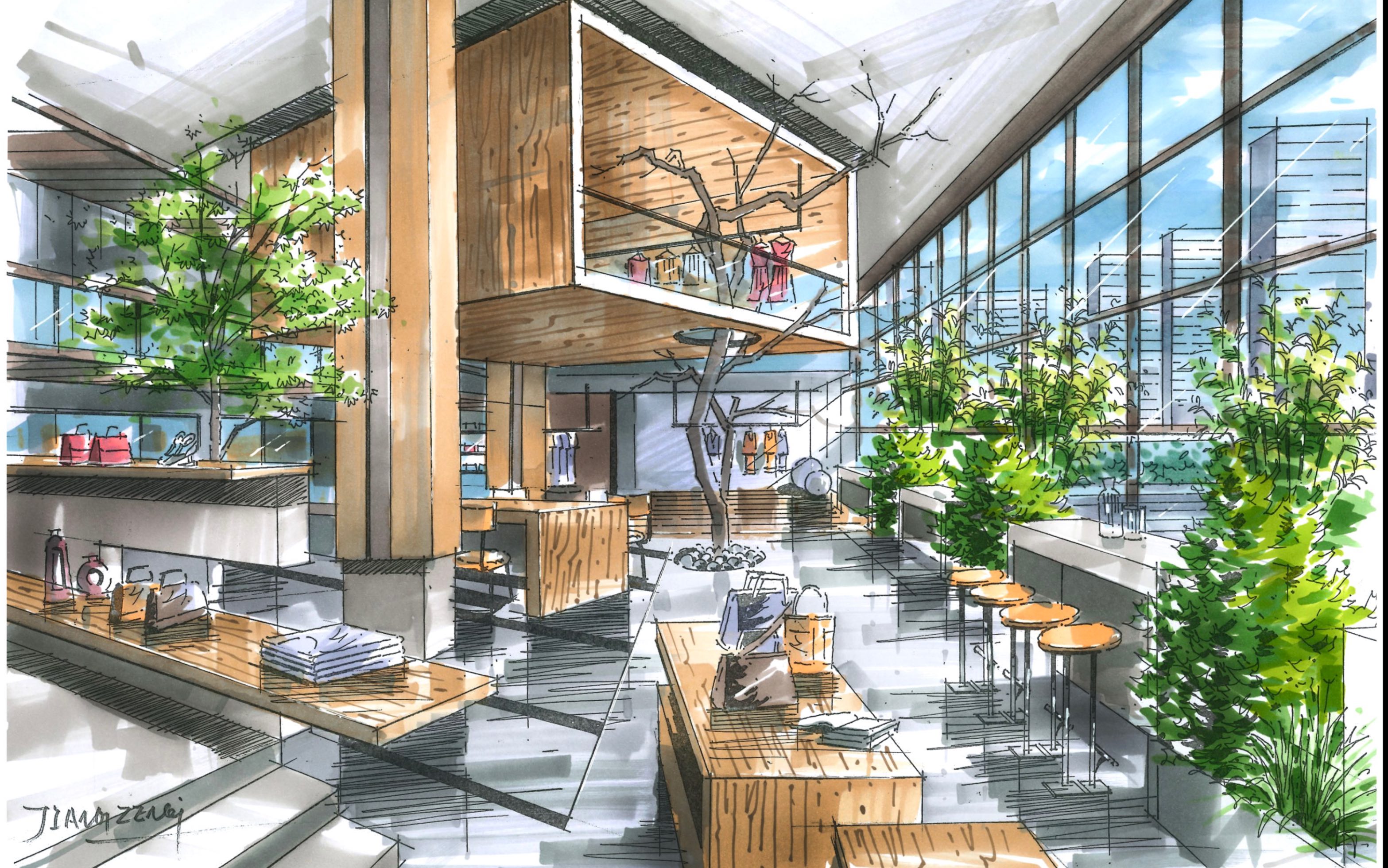 【服装店手绘教程】很有趣的挑高空间设计