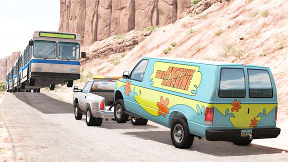 BeamNG:超长铰接式大巴车来不及刹车冲向小货车,假人车祸模拟