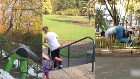 搞笑视频合集:是我太天真了,原来路边的栏杆扶手是这样玩的?