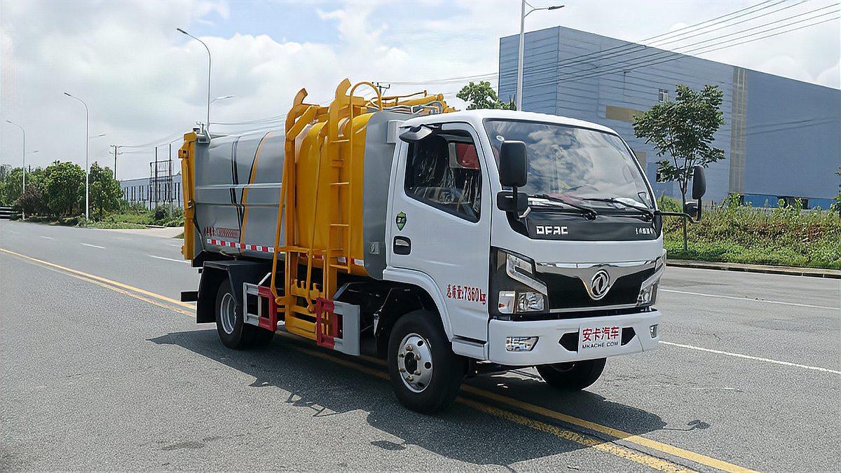 东风6方挂桶垃圾车 3吨侧装压缩垃圾车视频
