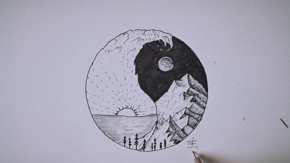 绘画全过程,中国太极和风景画相结合,大家觉得这个创意怎么样呢