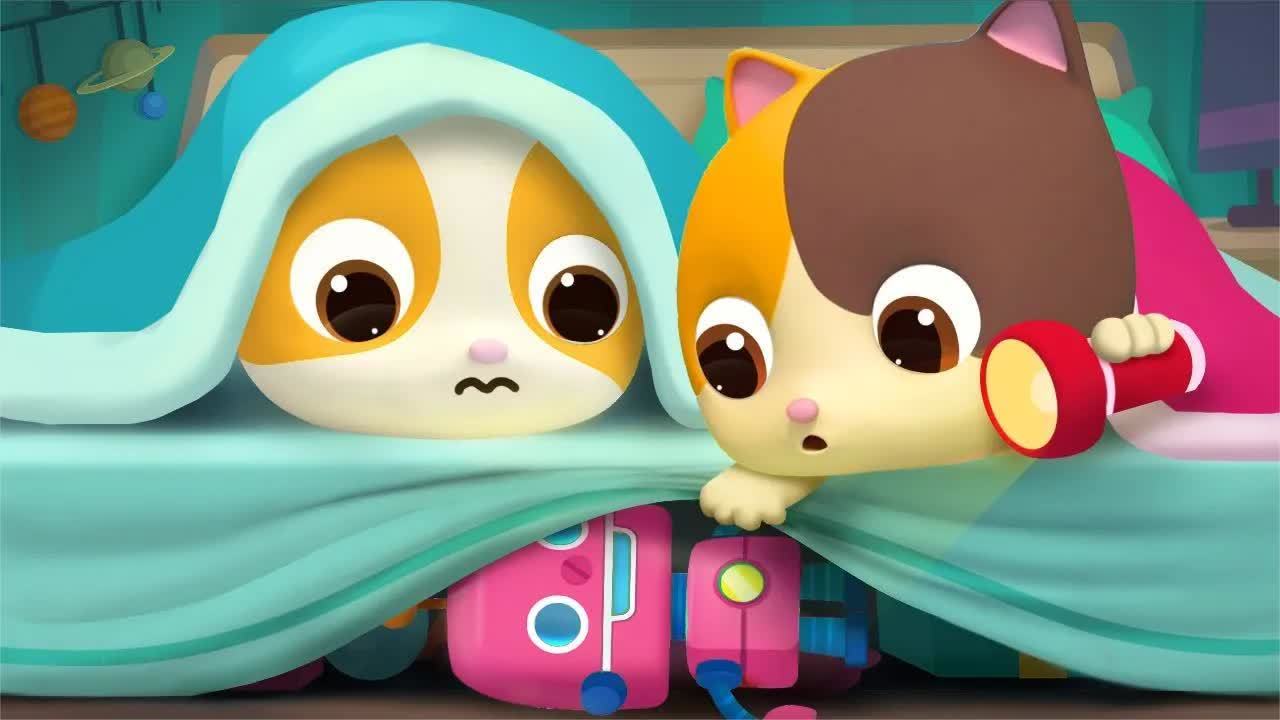 儿童益智动画:宝贝晚上听鬼故事,结果被床底的机器人吓住了