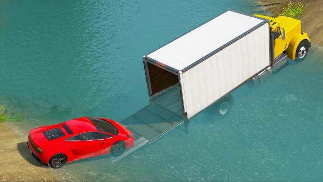 BeamNG:机智的厢式小货车助力兰博基尼过深水河,画面极度酸爽