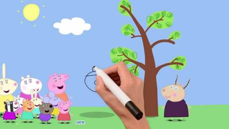手绘儿童简笔画:小猪佩奇和小伙伴们在校园里种树,佩奇支持环保