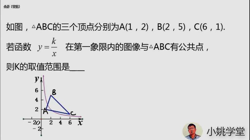 初中数学题,反比例函数与三角形ABC有公共点,求k的取值范围?