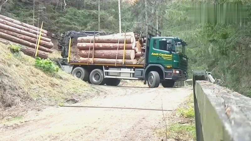 斯堪尼亚卡车拉着两厢木材下山,小心翼翼转弯