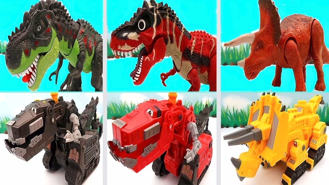 霸王龙变身抓木机搬走树木 美甲龙变身翻斗车带走积木