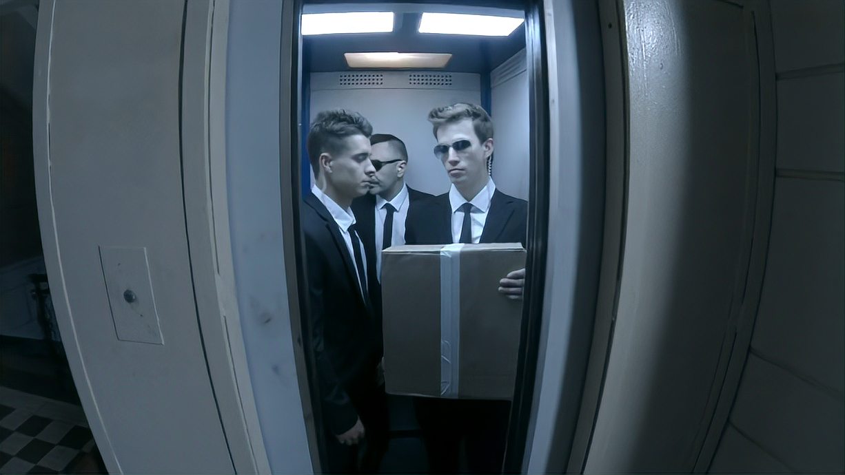 男子还想坐电梯,可没想到电梯门一开,里面的人全都是敌人